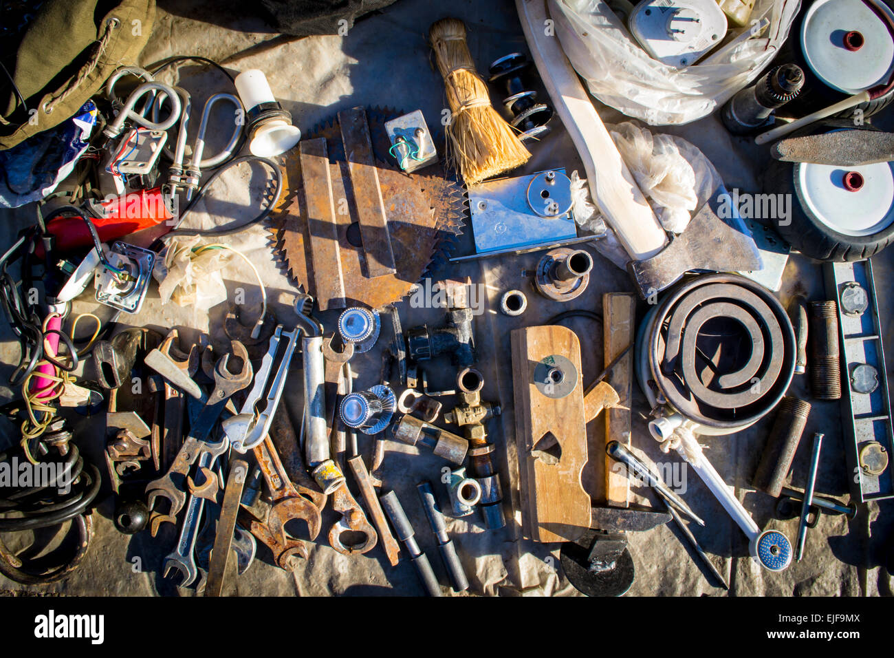 A collection of old unassorted junk including tools and utensils Stock ...