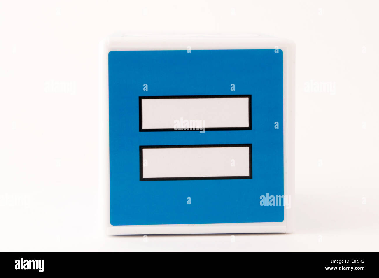 A blue and white simple equals math sign on an isolated background ...