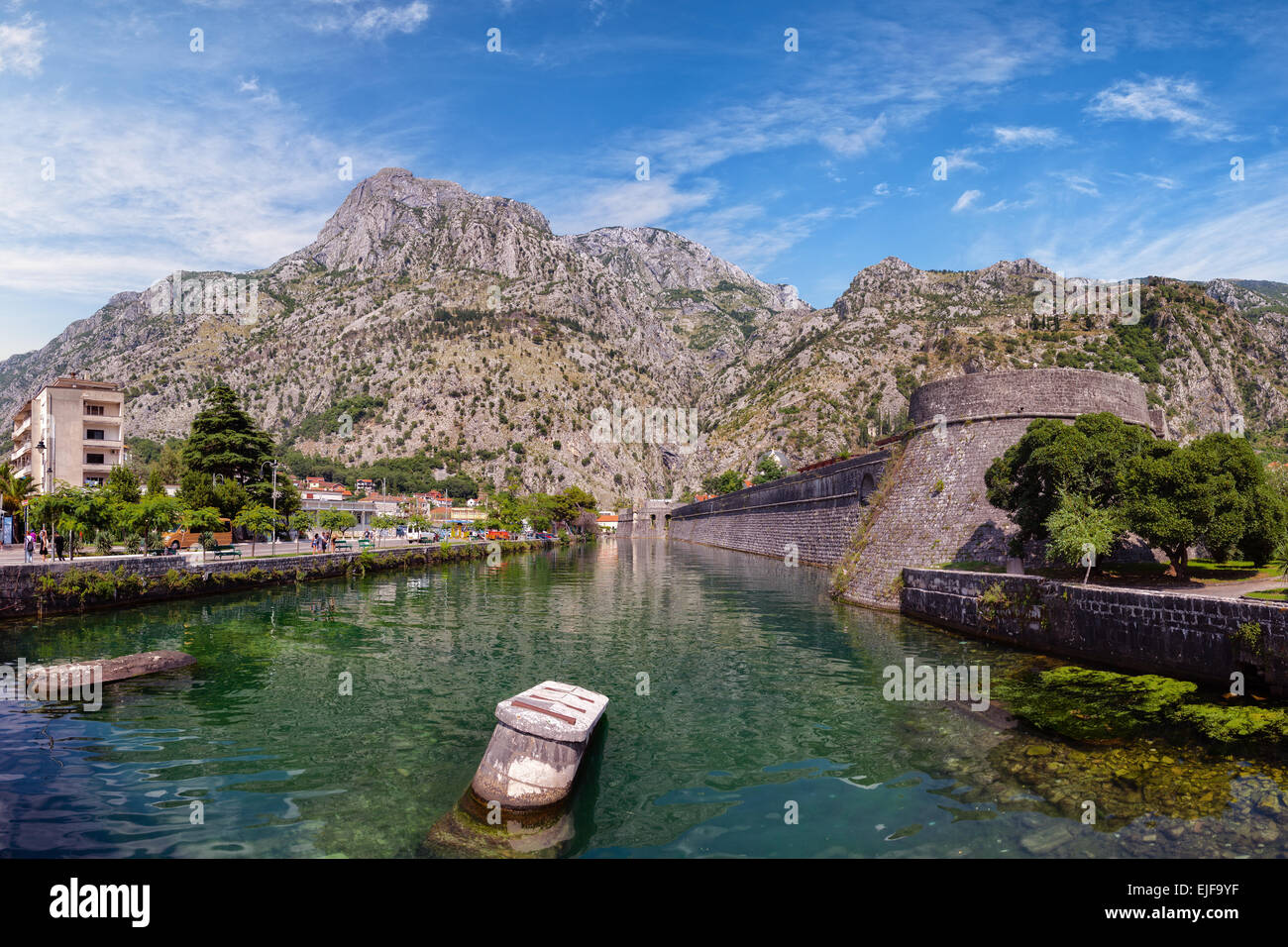 Skurda river and city wall fortification in Kotor, Montenegro Stock ...
