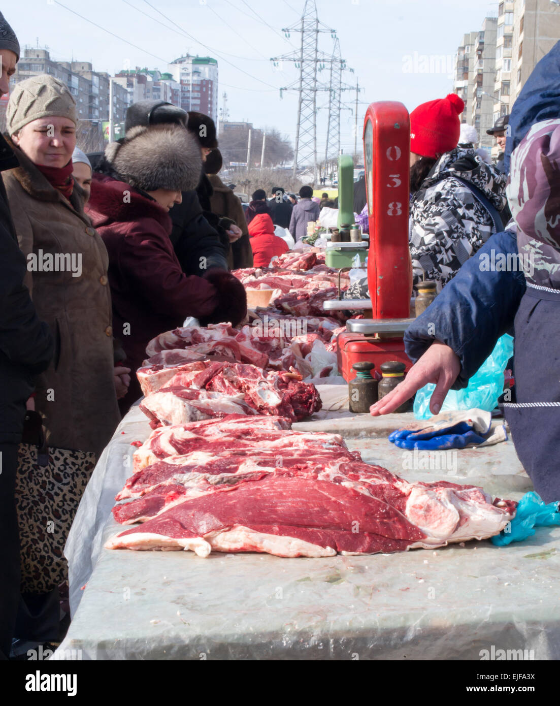 A traditional Russian Meat market for the consumers and farmers Stock ...