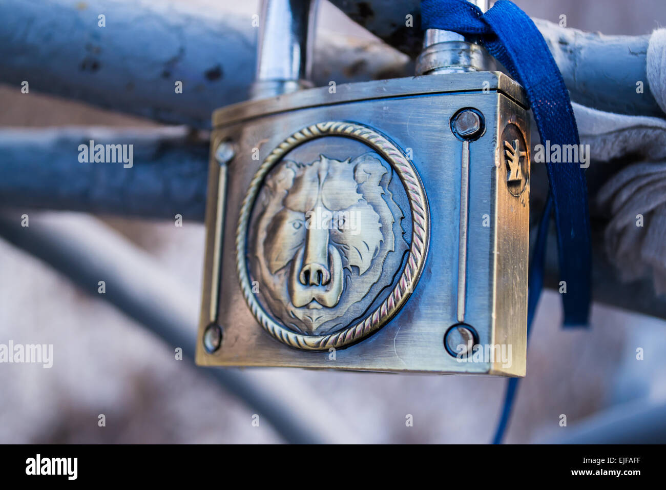 A bear faced padlock with a blue ribbon celebrating undying love Stock ...