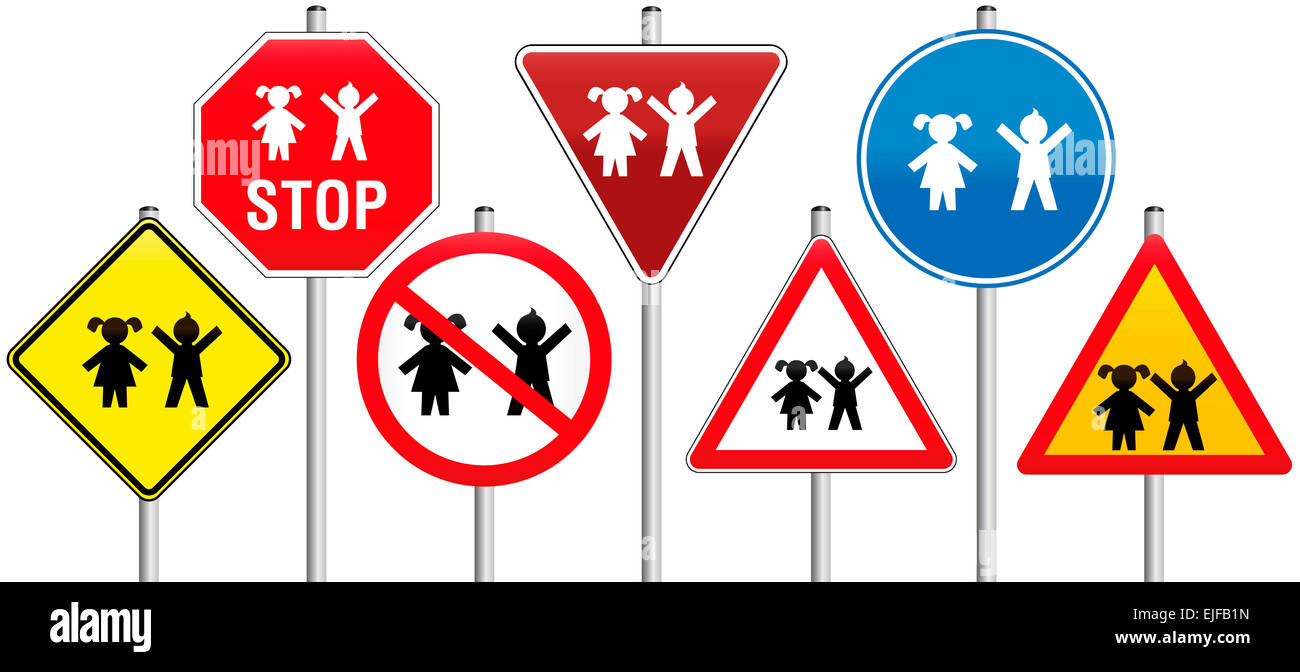 Seven traffic signs concerning children, like warning- stop- yield- or ...