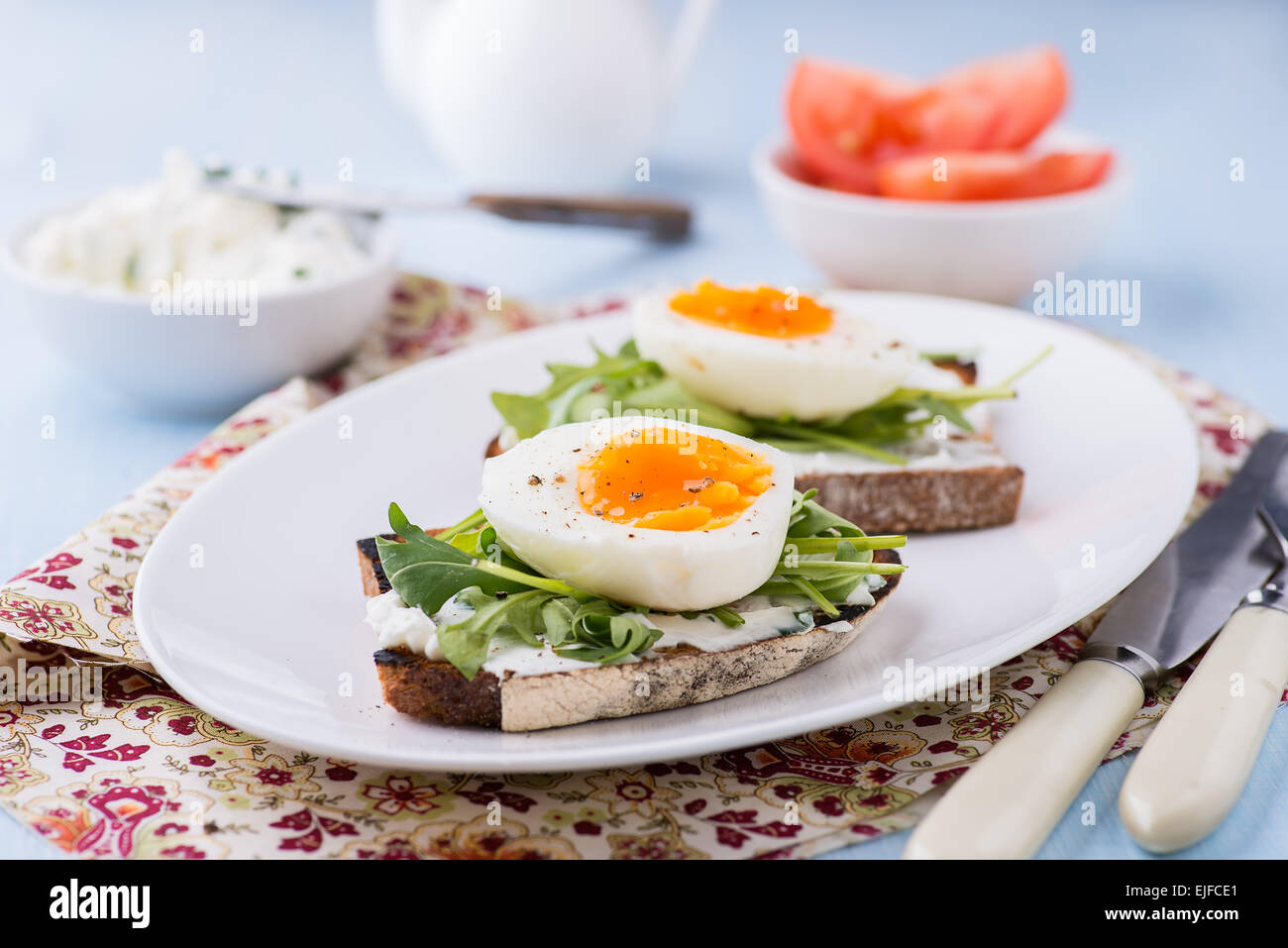 Rye toast sandwiches with egg and soft cheese, selective focus Stock ...