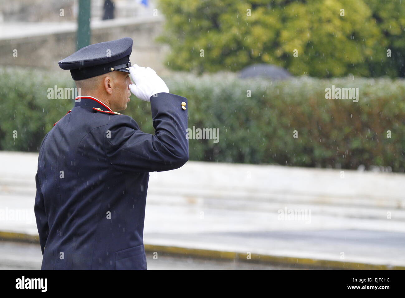 Athens, Greece. 25th Mar, 2015. A Greek army officer salutes. A ...