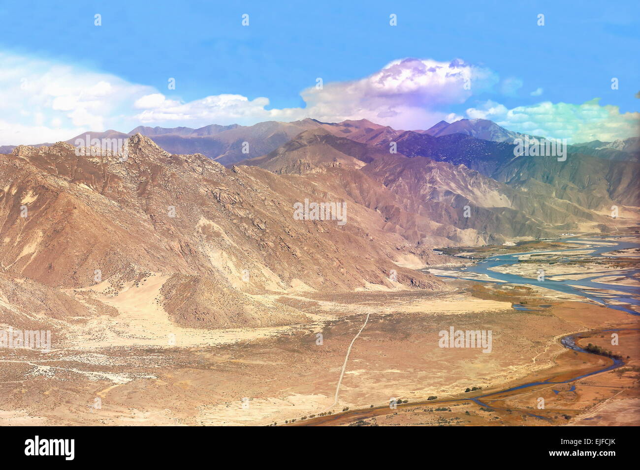 The Yarlung tsangpo-river flowing through the tibetan plateau near ...
