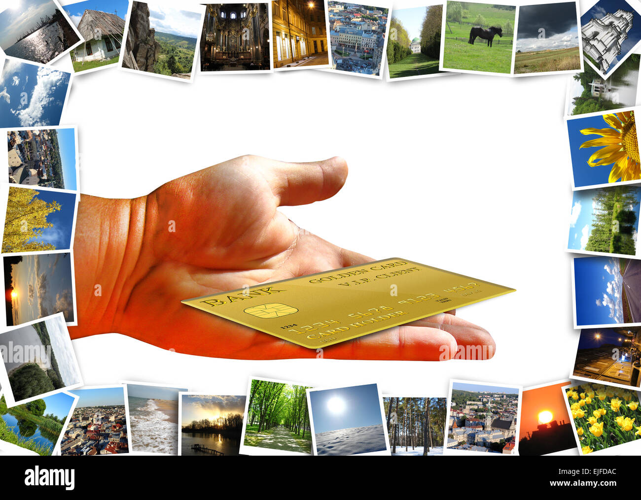hand with credit card and frame from many different photo Stock Photo ...