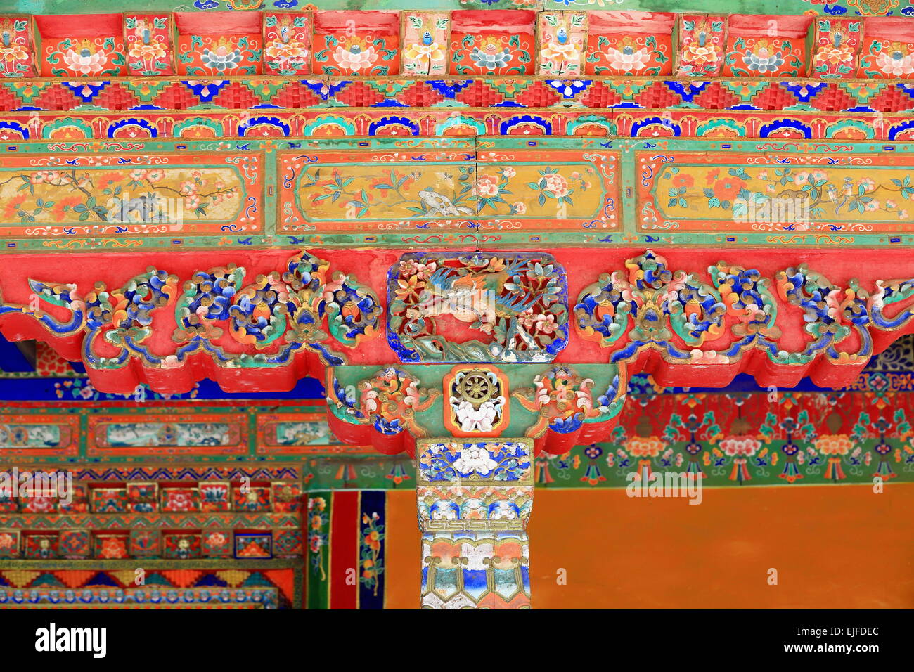 Polychrome carved woden column-chapiter-rafters of gateway to a ...