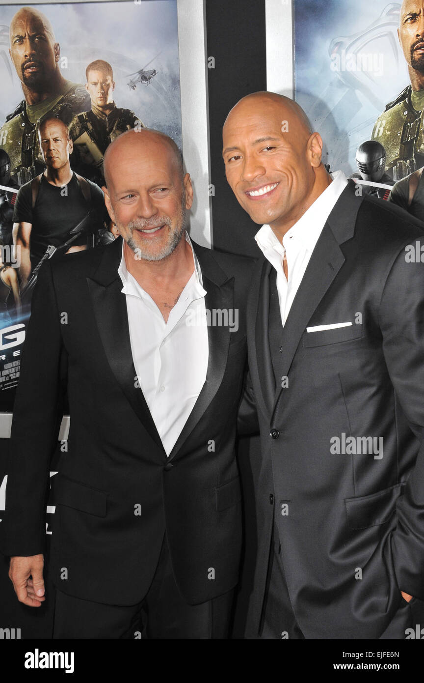 LOS ANGELES, CA - MARCH 28, 2013: Bruce Willis (left) & Dwayne Johnson ...