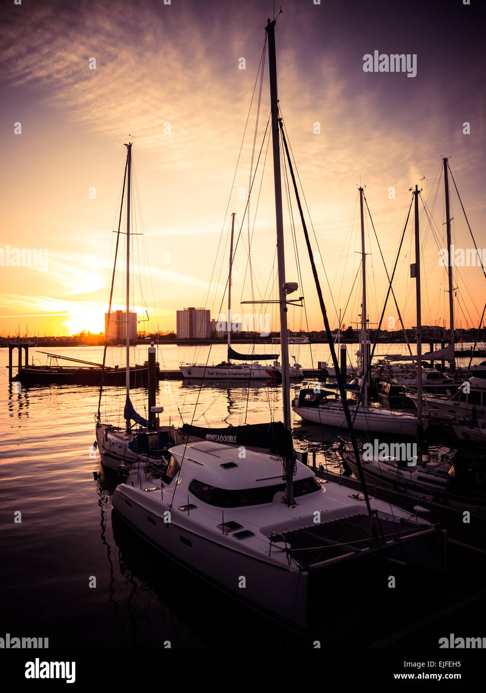 Sunset over Portsmouth Harbour, from Gunwharf Quays marina Stock Photo ...