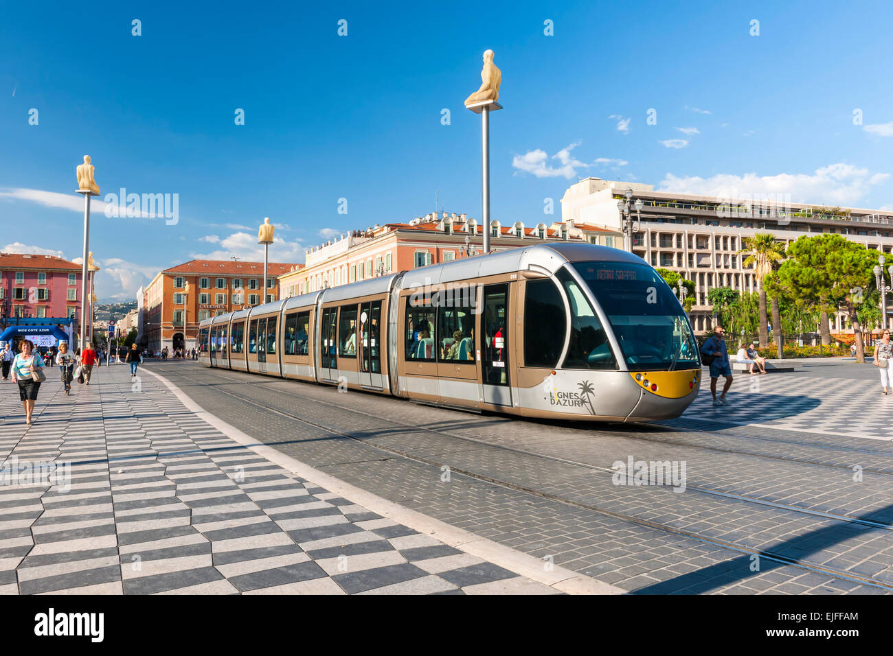 NICE, FRANCE - OCTOBER 2, 2014: Nice tramway at Place Massena, the main ...