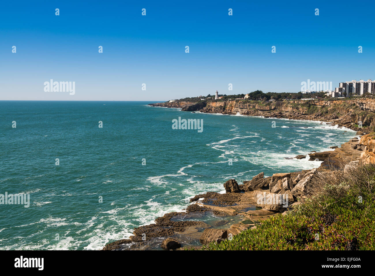 The rocky coastline of Cascais is famous for the cave named, The jaws ...