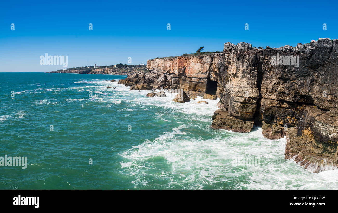 The rocky coastline of Cascais is famous for the cave named, The jaws ...