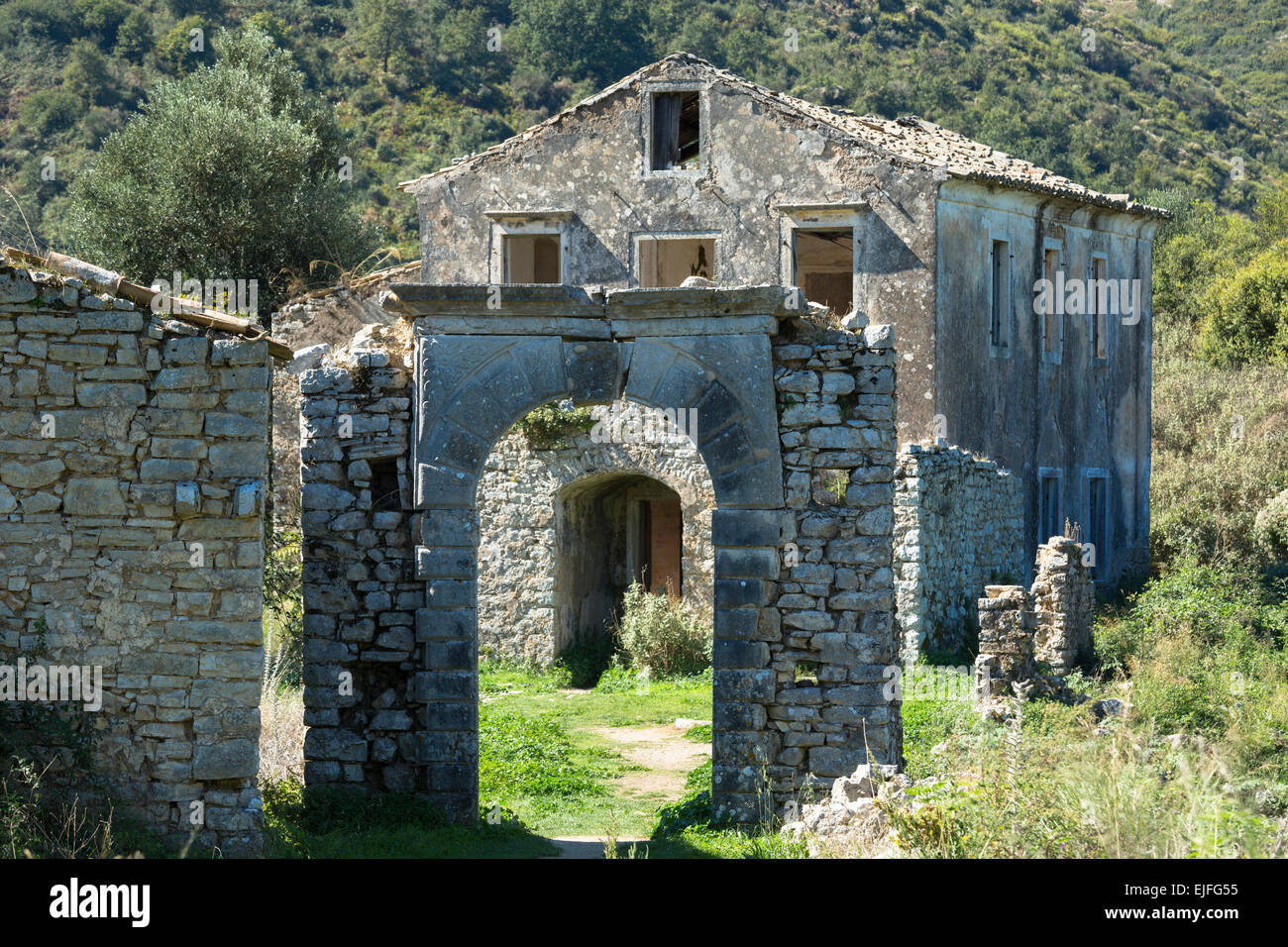 Ruins of Skordilis Mansion house and archway in oldest town in Corfu ...