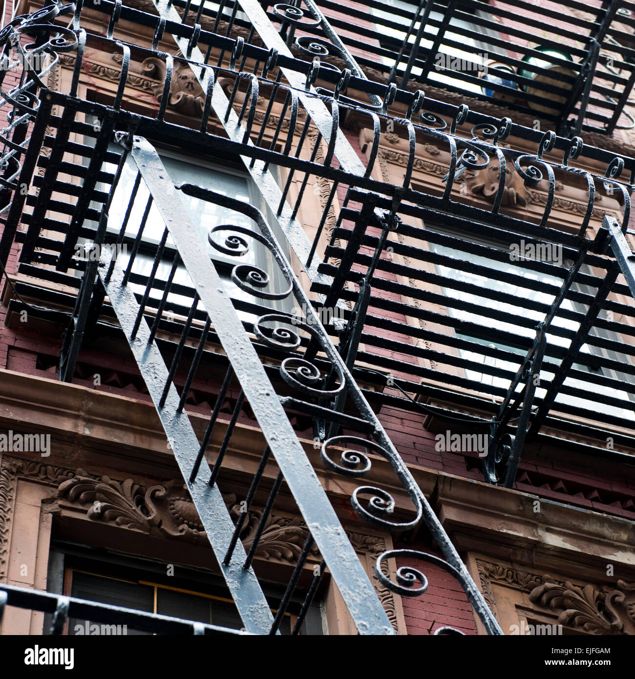 Low angle view of fire escape on a building, SoHo, Manhattan, New York ...