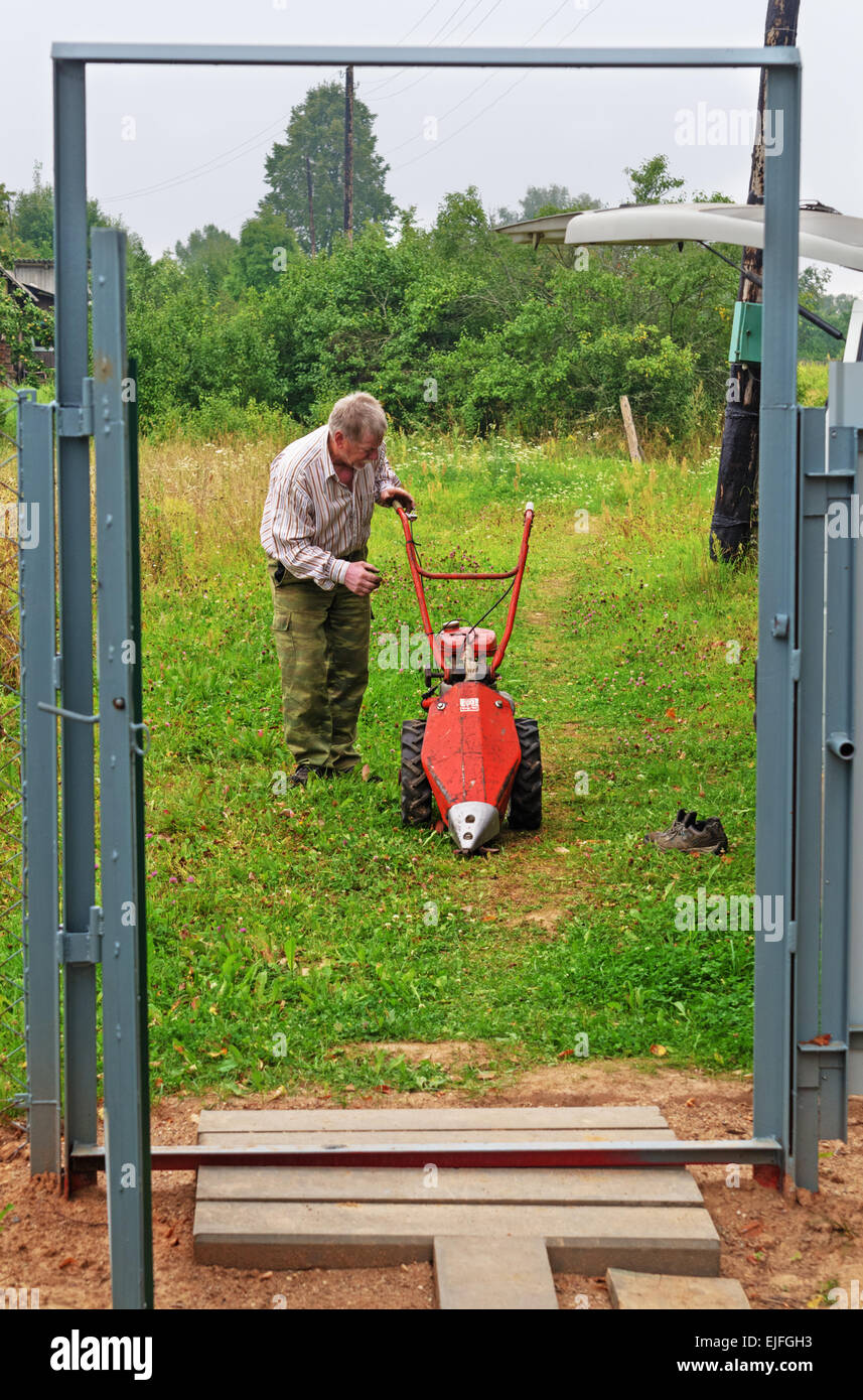 The maintenance a lawn-mower by gardener Stock Photo - Alamy