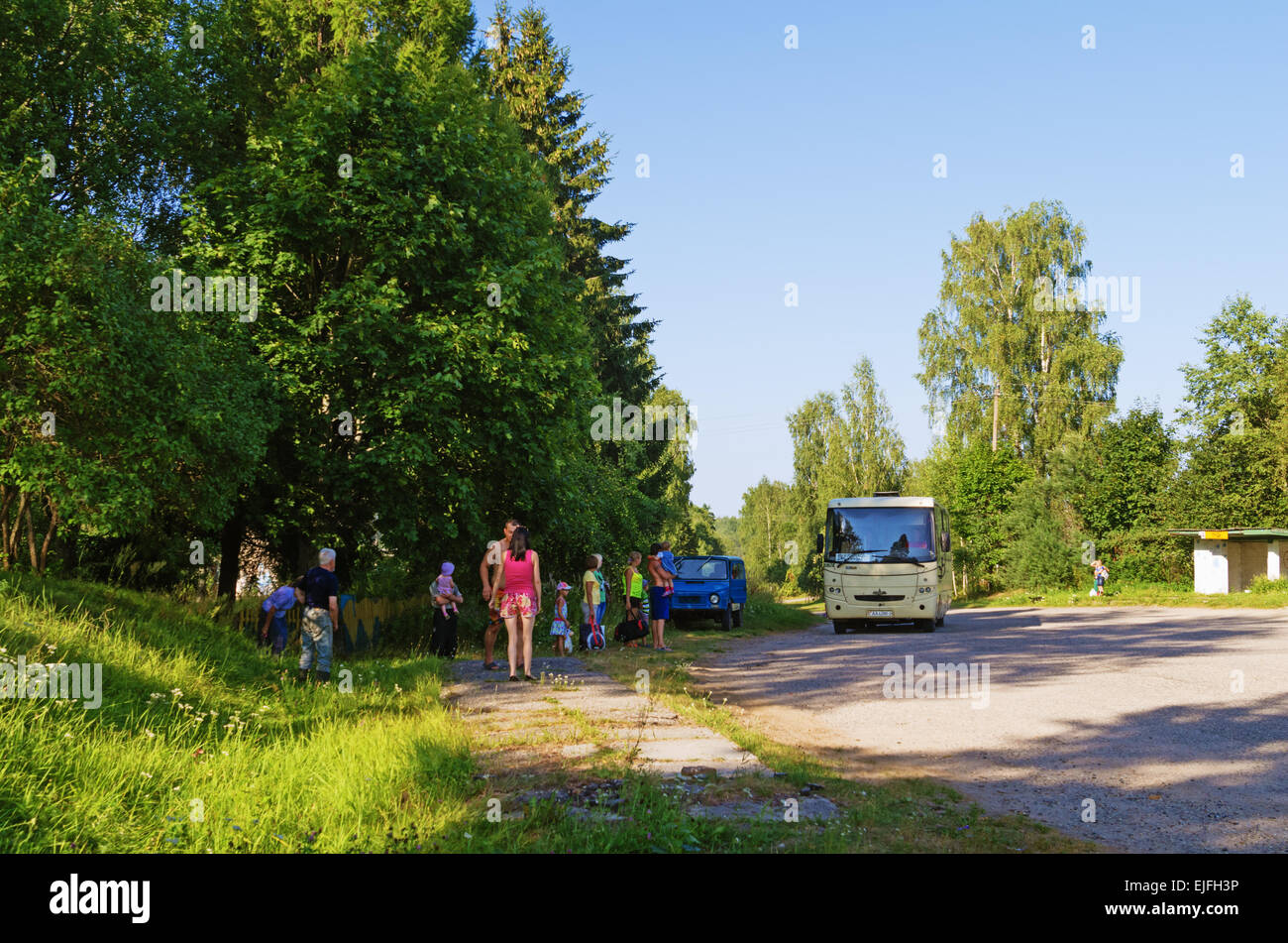 Rural landscape - regular bus in the village Stock Photo - Alamy