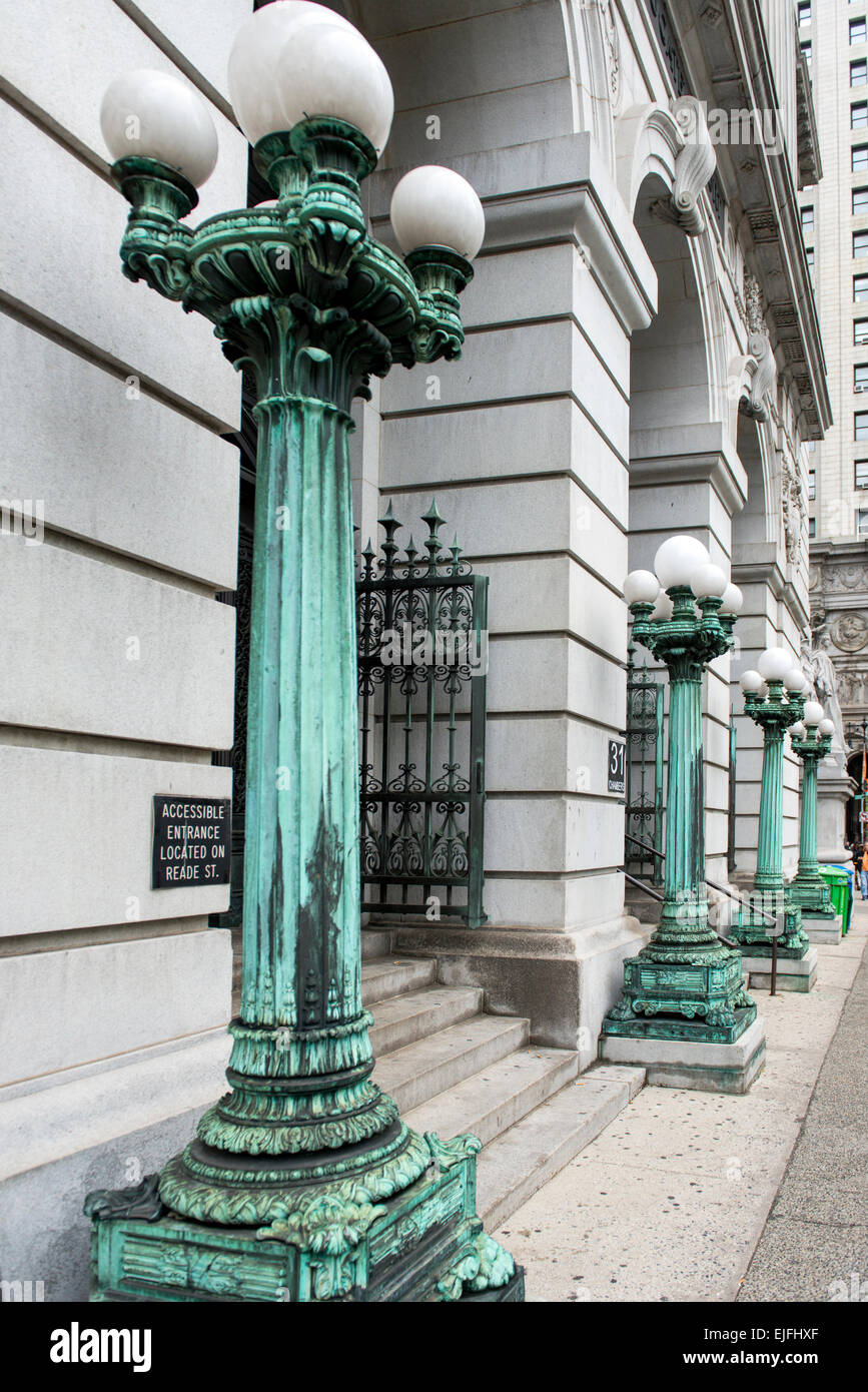Lamp posts outside a building, Manhattan, New York City, New York State ...