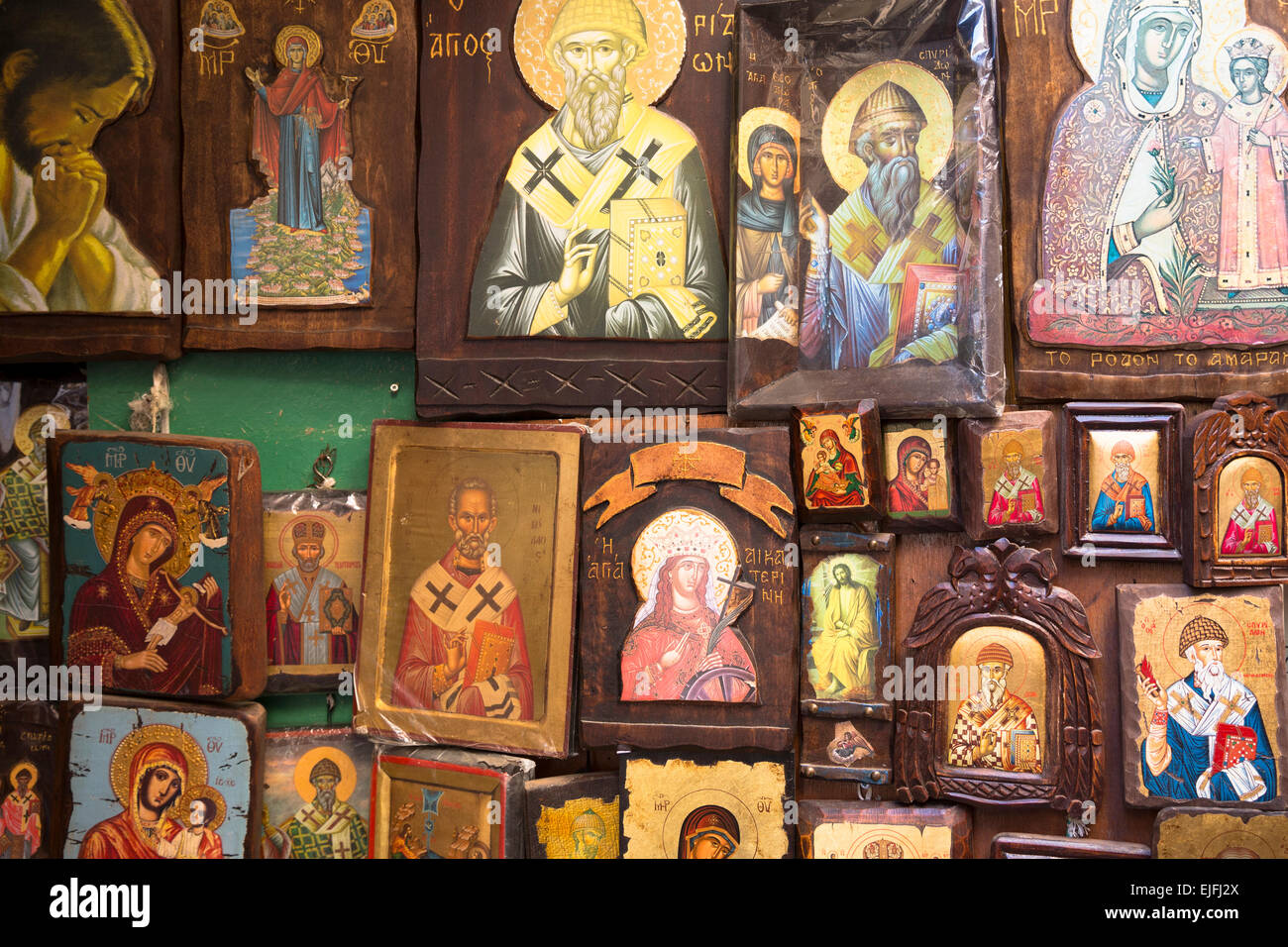 Greek Orthodox religious art icons in souvenirs and gifts shop in ...