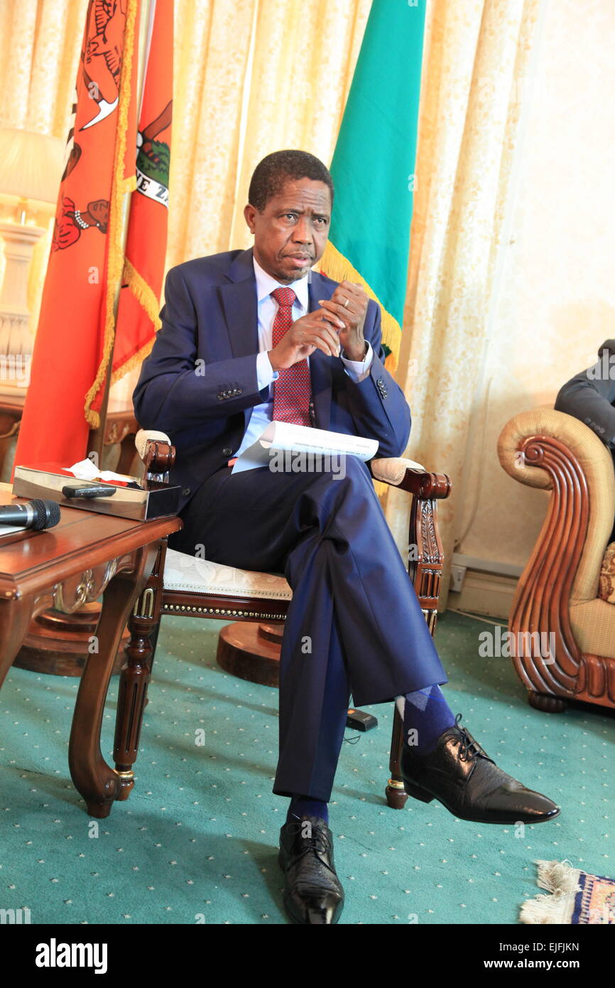 Lusaka. 25th Mar, 2015. Zambian President Edgar Lungu receives an ...