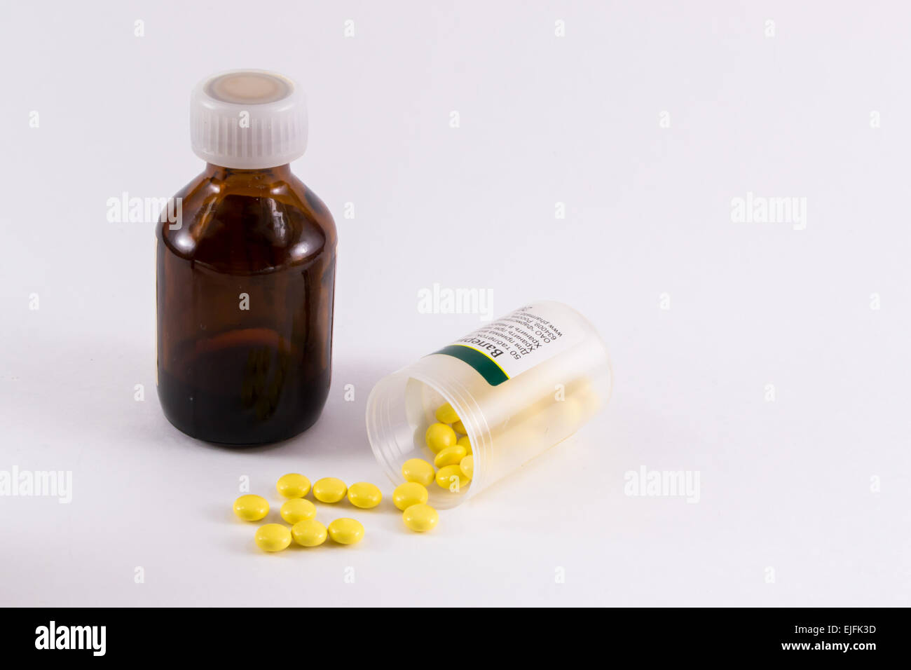 Yellow medicine pills and a brown glass bottle Stock Photo - Alamy
