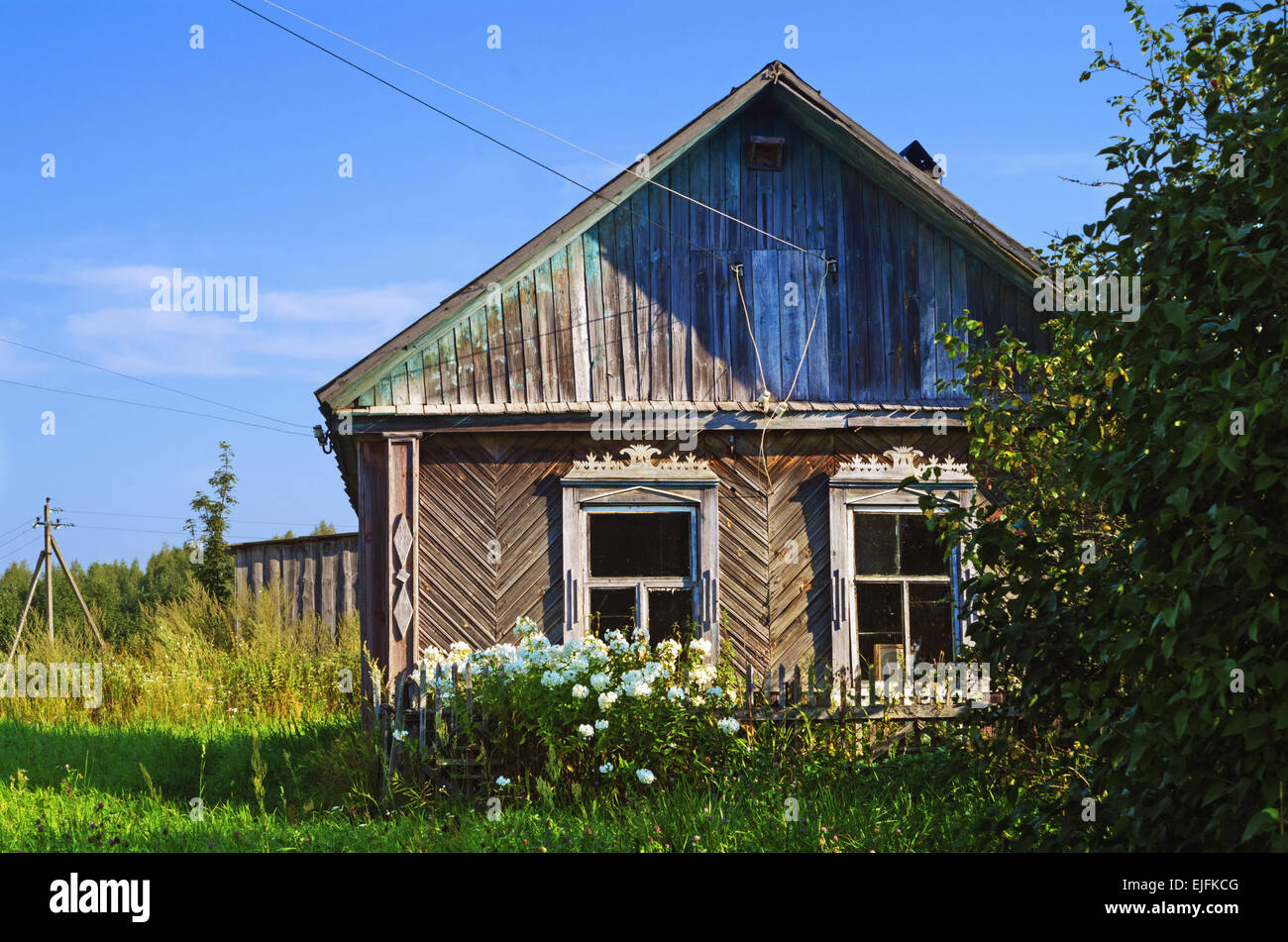 Rural landscape - front view old wooden house Stock Photo - Alamy