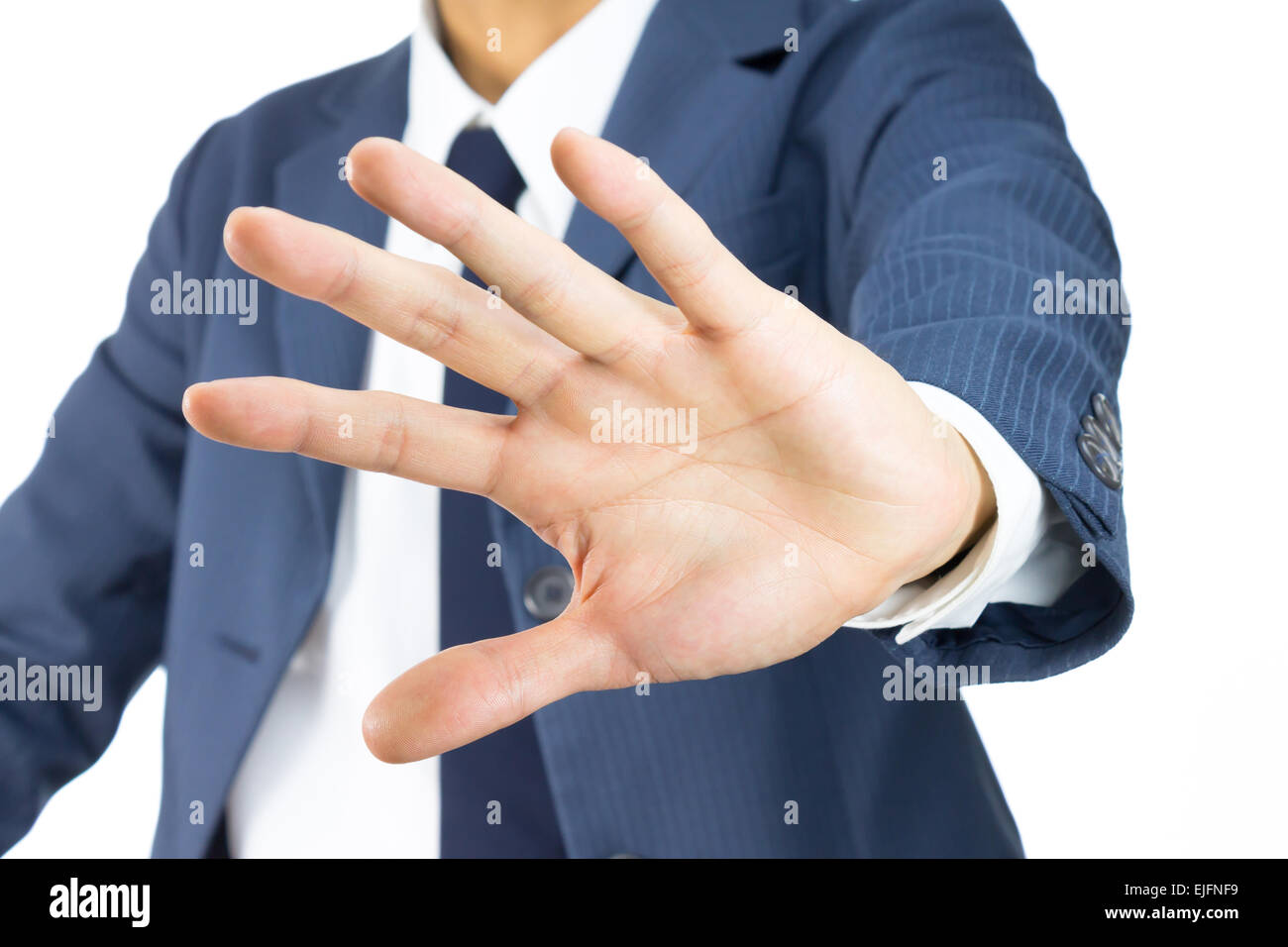 Businessman in Blue Suit Show Stop Sign of Hand on Tilt View Isolated ...