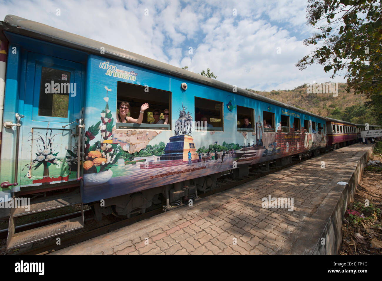 Riding the tourist train commemorating the Burma Death Railway near ...