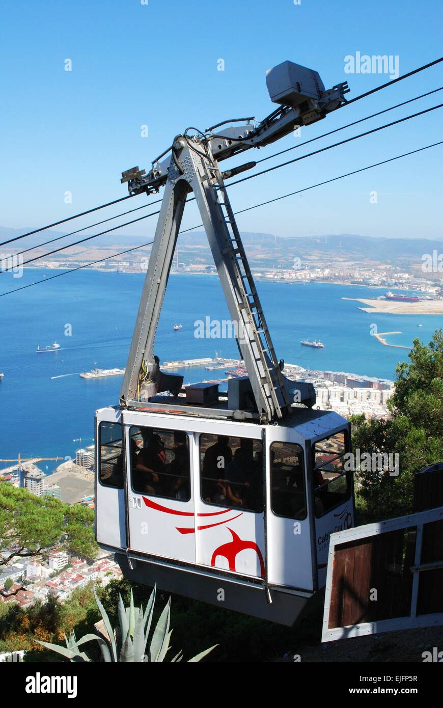 Elevated view of the cable car with the harbour to the rear, Gibraltar ...