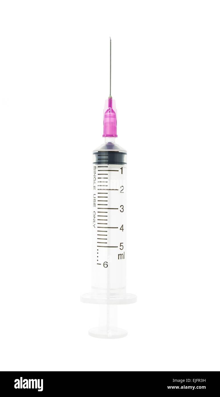 Plastic purple syringe isolated on white background. Single use medical ...