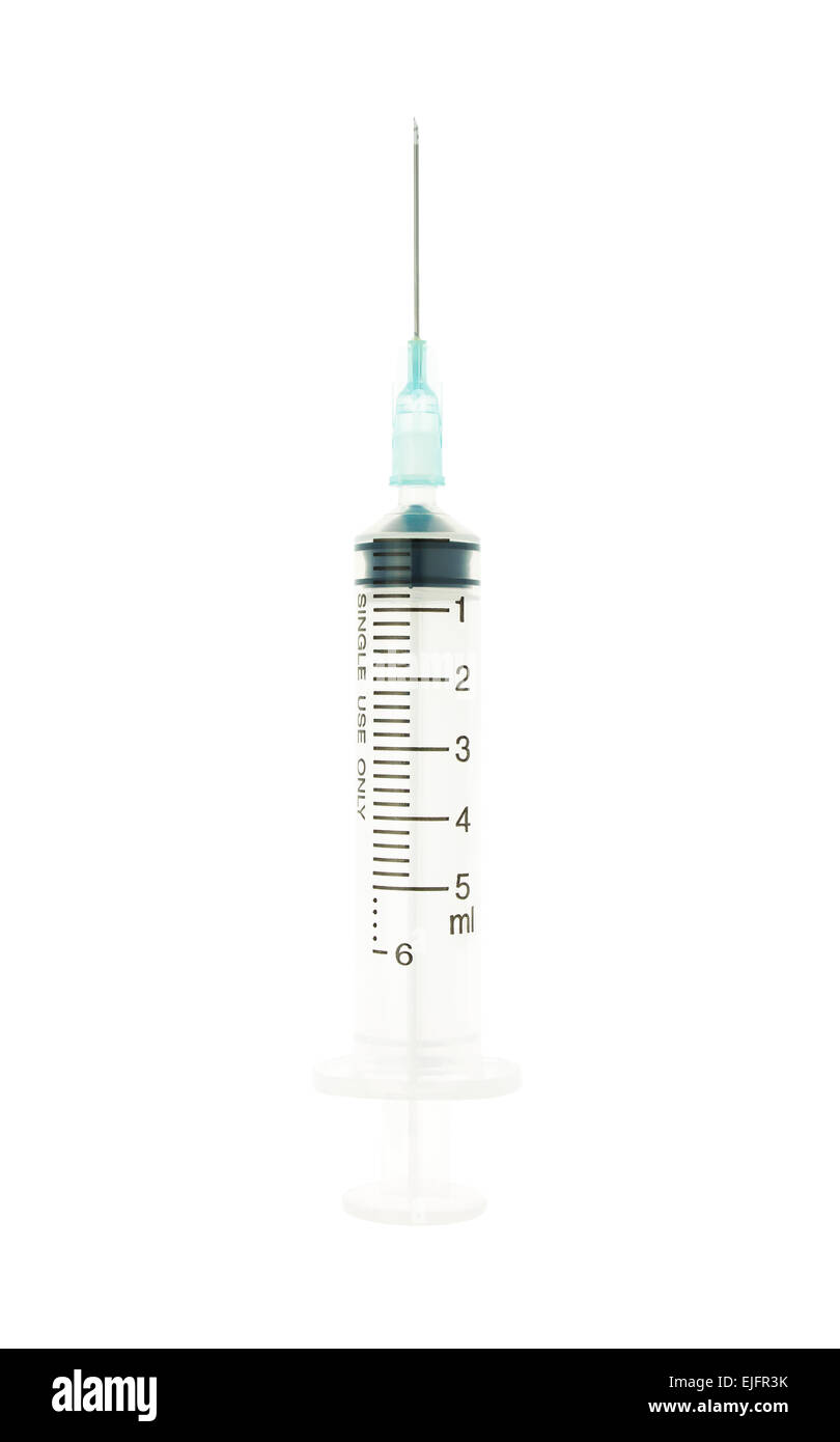 Plastic blue syringe isolated on white background on vertical view ...