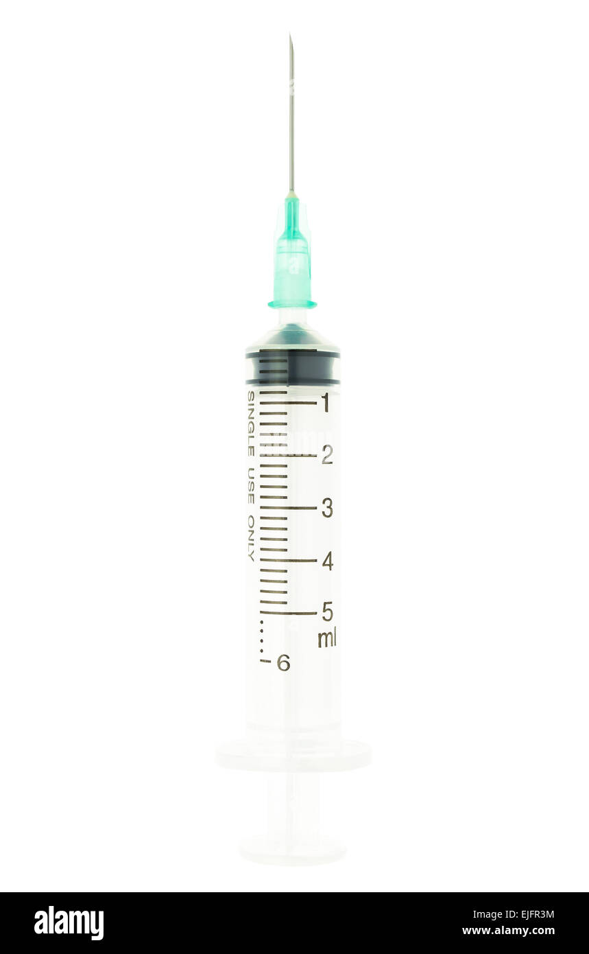Plastic green syringe isolated on white background on vertical view ...