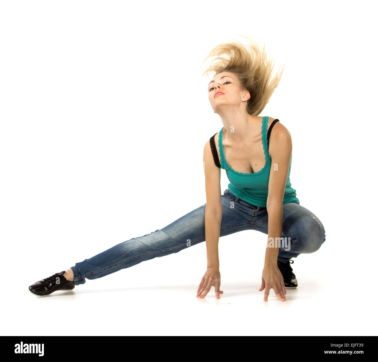 Woman doing stretching exercise on white background Stock Photo - Alamy
