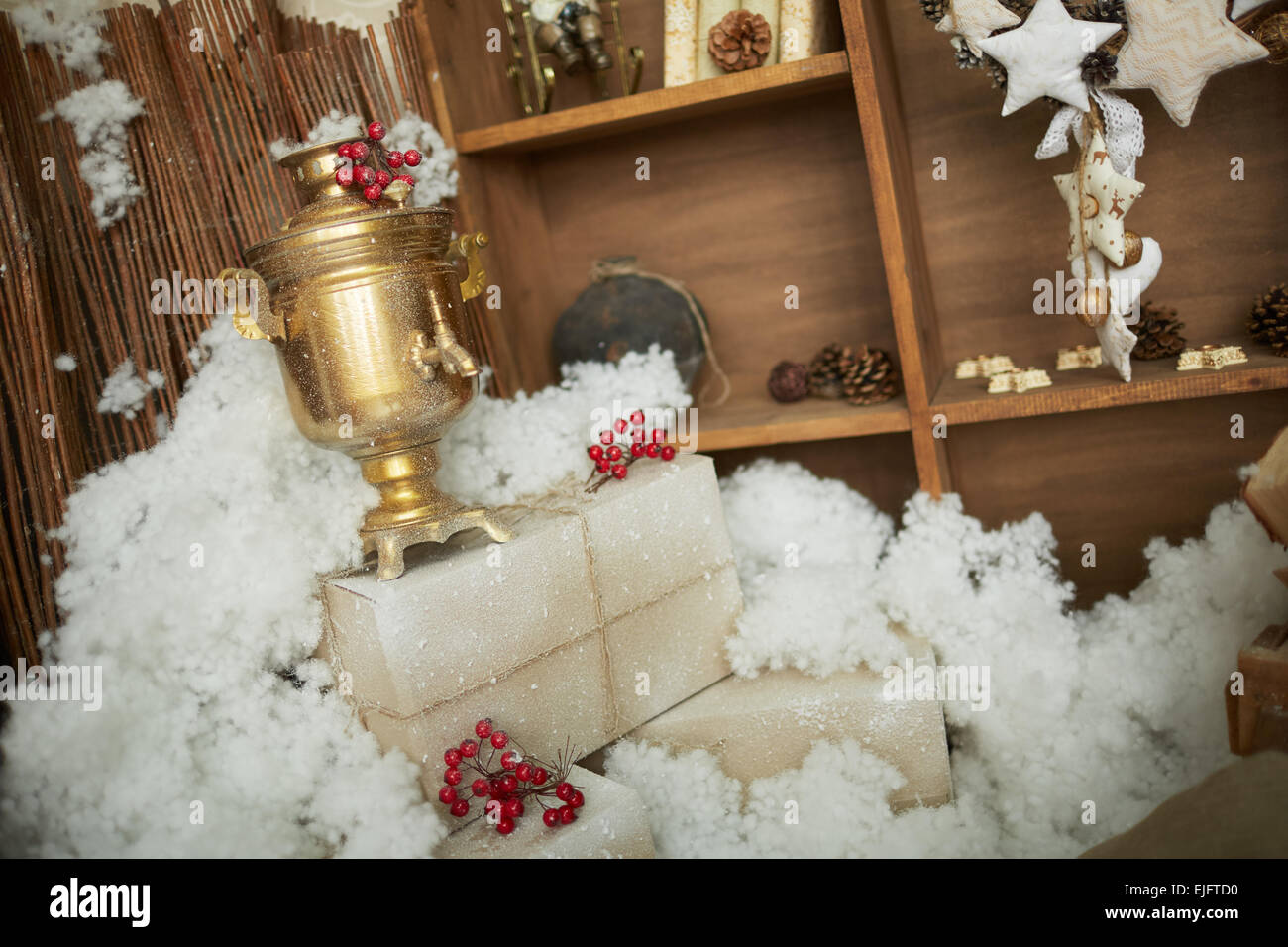 golden samovar, rowan snow Stock Photo - Alamy