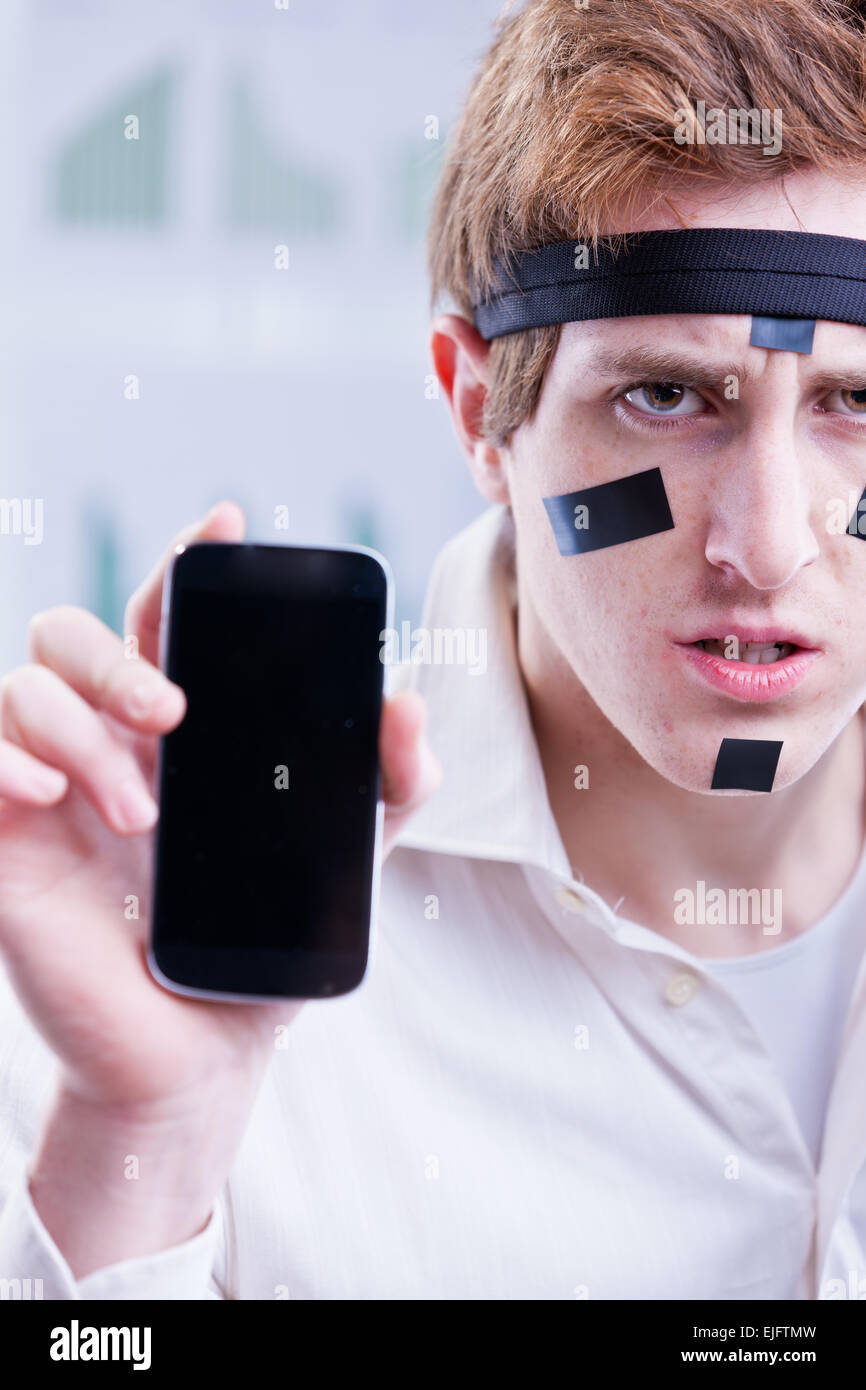 office worker warrior showing off his smartphone weapon Stock Photo - Alamy