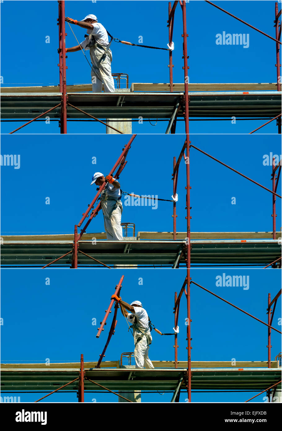 Safety at work. Sequence worker assembles a scaffold Stock Photo - Alamy