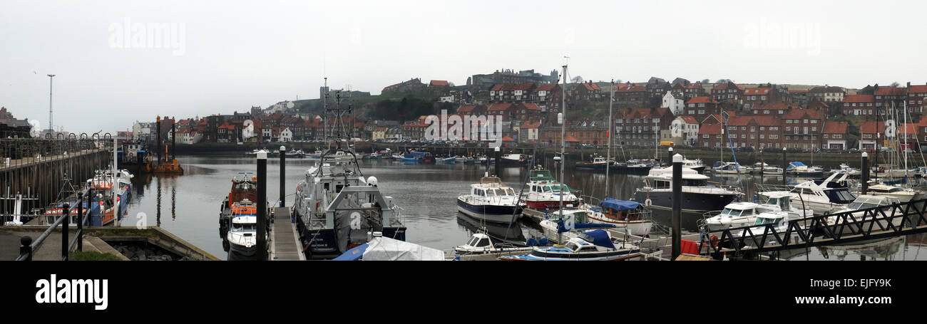 Whitby harbor and abbey in panoramic view Stock Photo - Alamy
