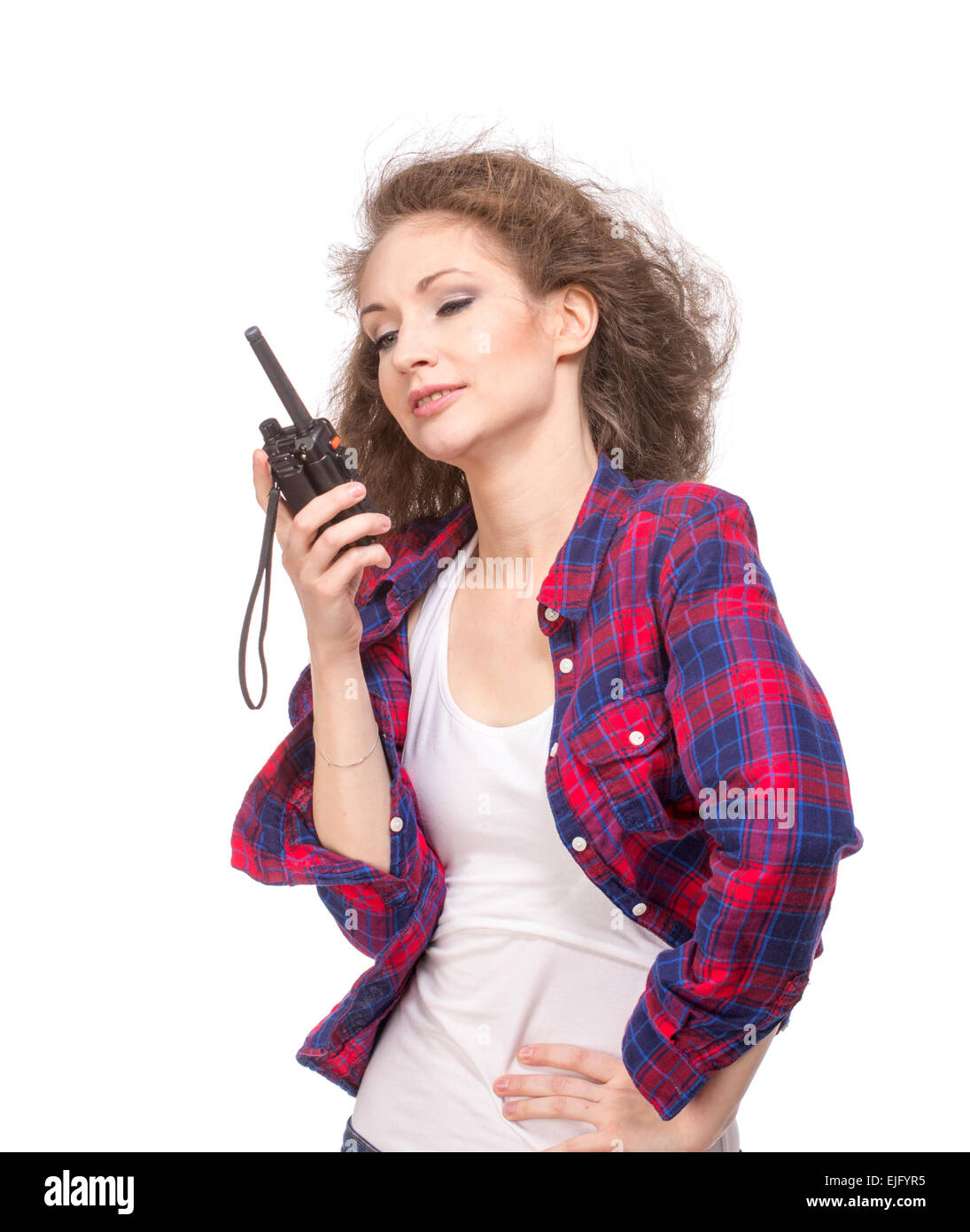 Woman with cb radio, isolated Stock Photo - Alamy
