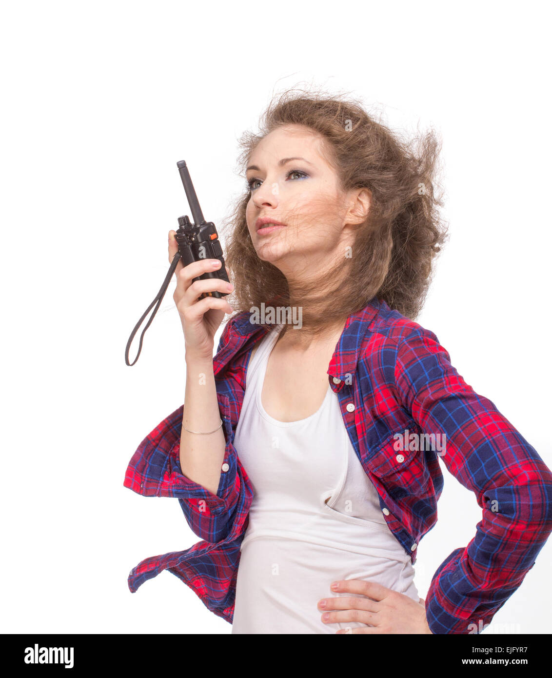 Woman with cb radio, isolated Stock Photo - Alamy