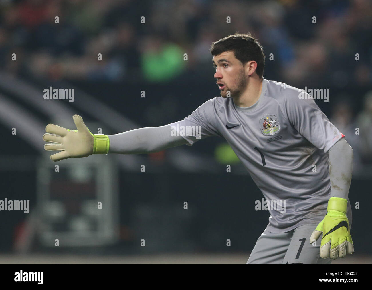 Kaiserslautern, Germany. 25th Mar, 2015. Australia's Mathew Ryan reacts ...