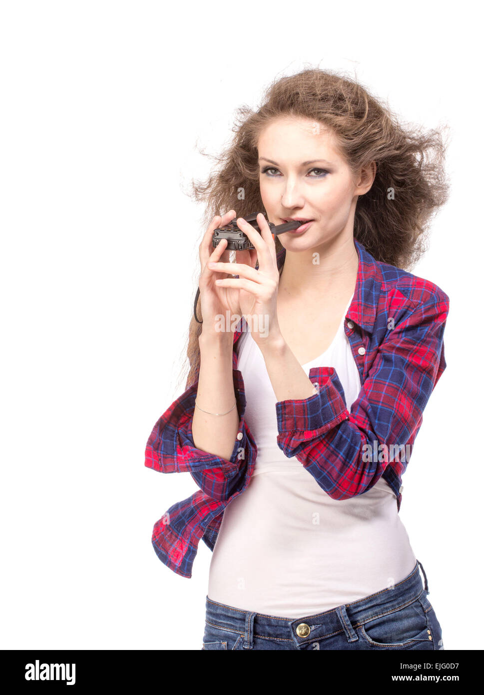 Woman with cb radio, isolated Stock Photo - Alamy