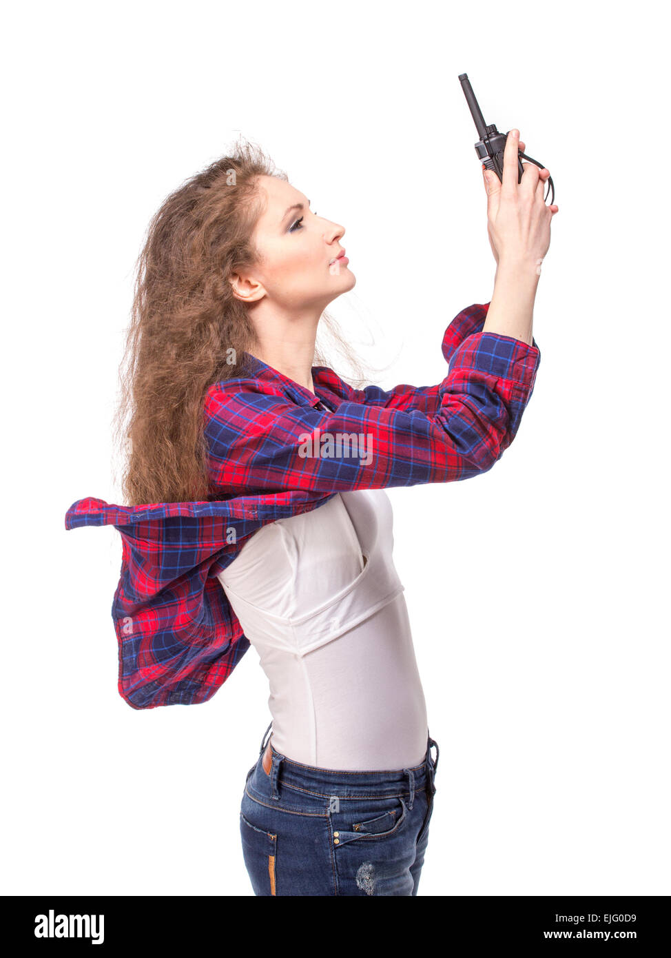 Woman with cb radio, isolated Stock Photo - Alamy