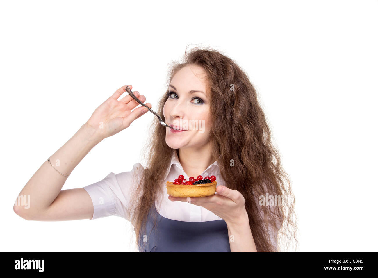 Woman enjoy cake, isolated Stock Photo - Alamy