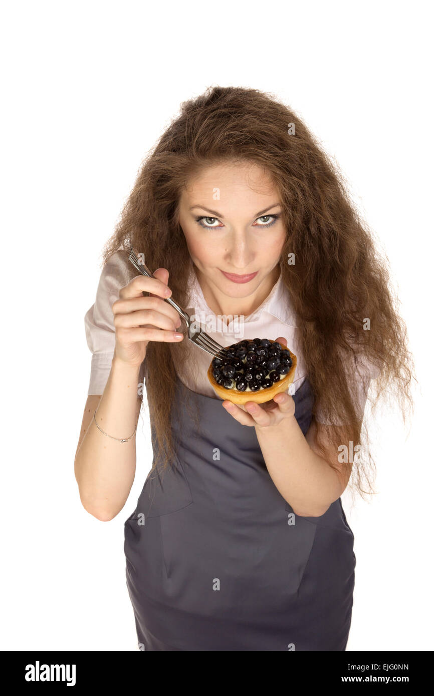 Woman enjoy cake, isolated Stock Photo - Alamy