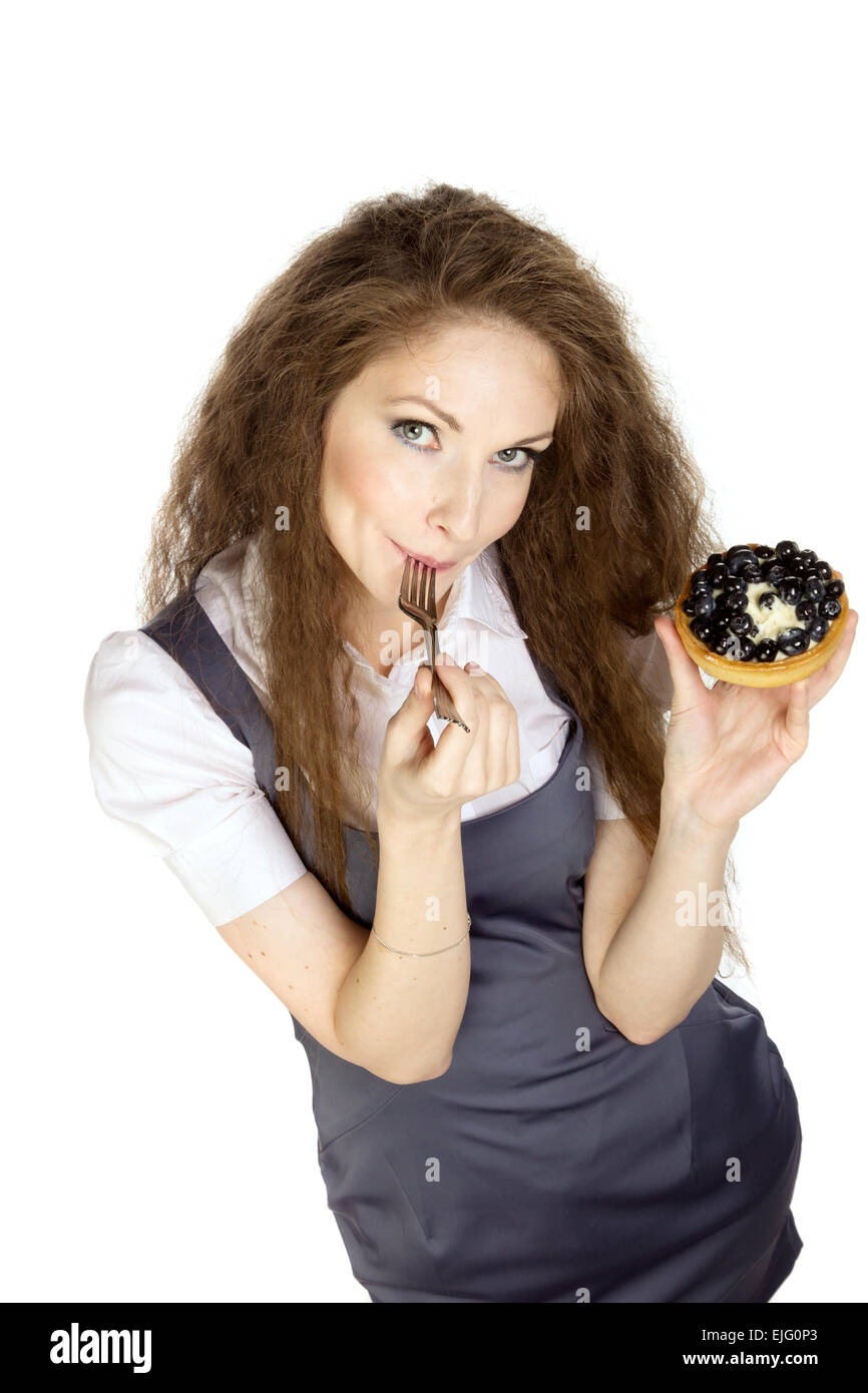 Woman enjoy cake, isolated Stock Photo - Alamy