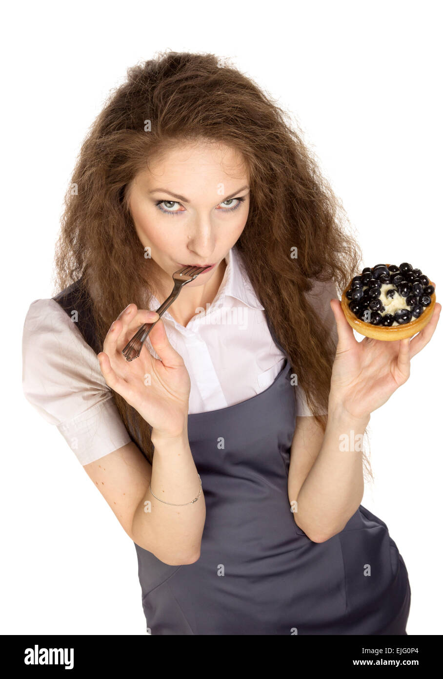Woman enjoy cake, isolated Stock Photo - Alamy