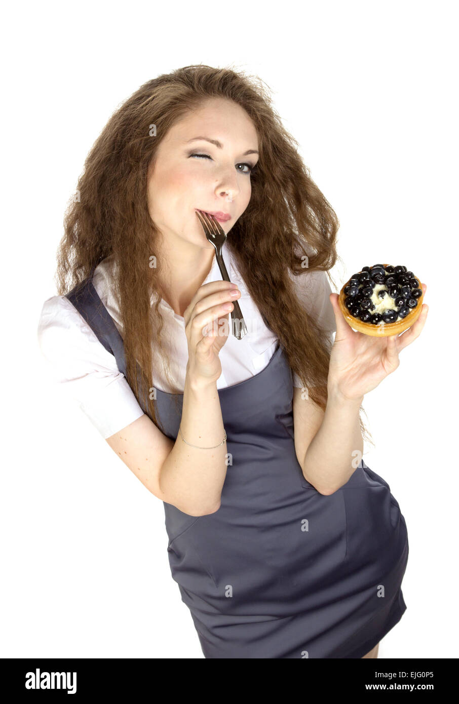 Woman enjoy cake, isolated Stock Photo - Alamy