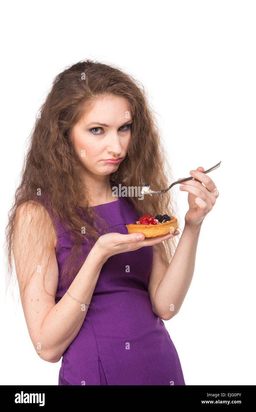 Woman enjoy cake, isolated Stock Photo - Alamy