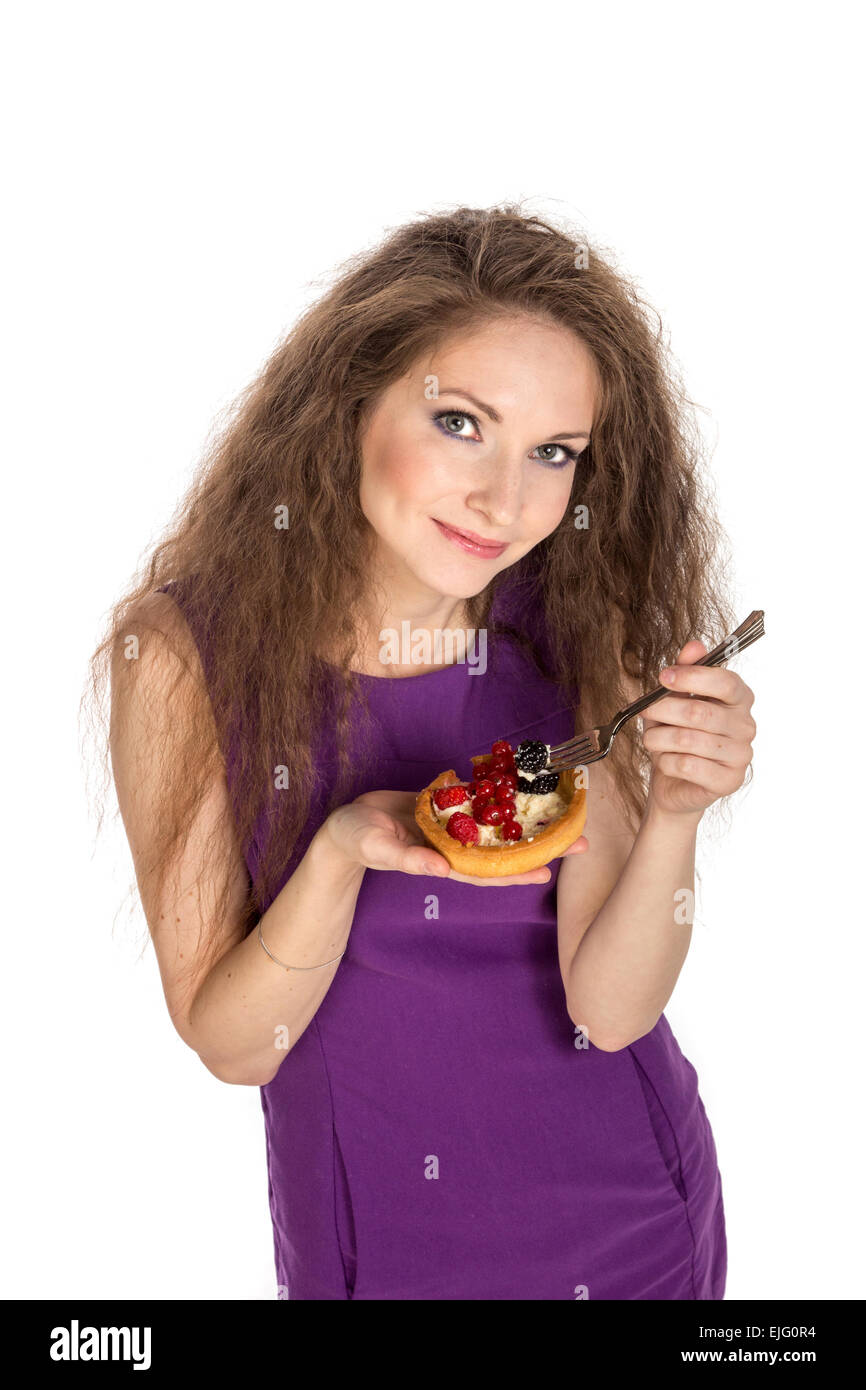 Woman enjoy cake, isolated Stock Photo - Alamy
