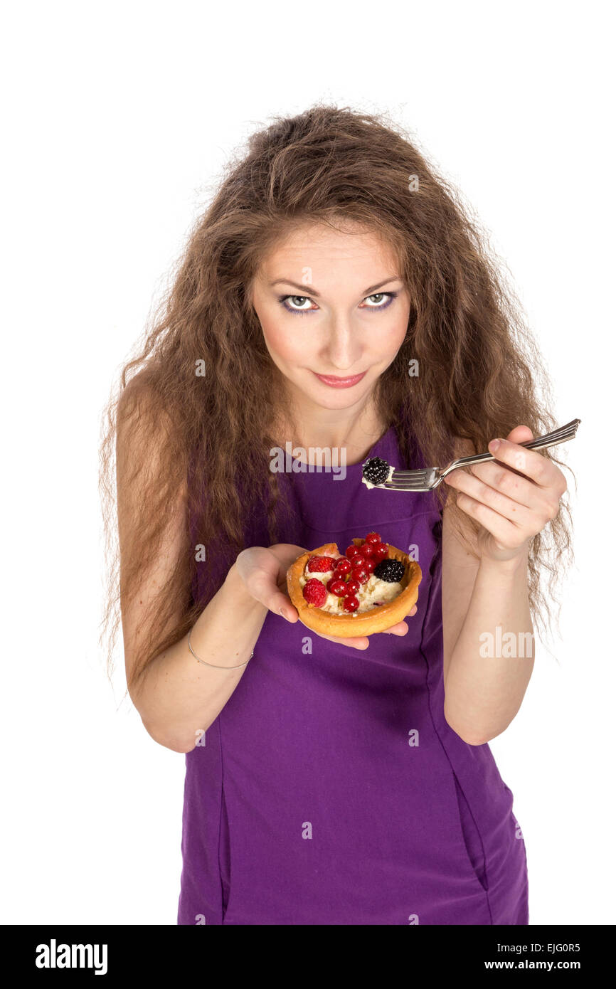 Woman enjoy cake, isolated Stock Photo - Alamy