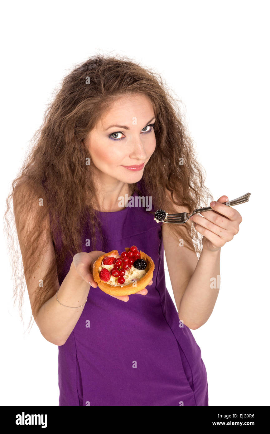 Woman enjoy cake, isolated Stock Photo - Alamy